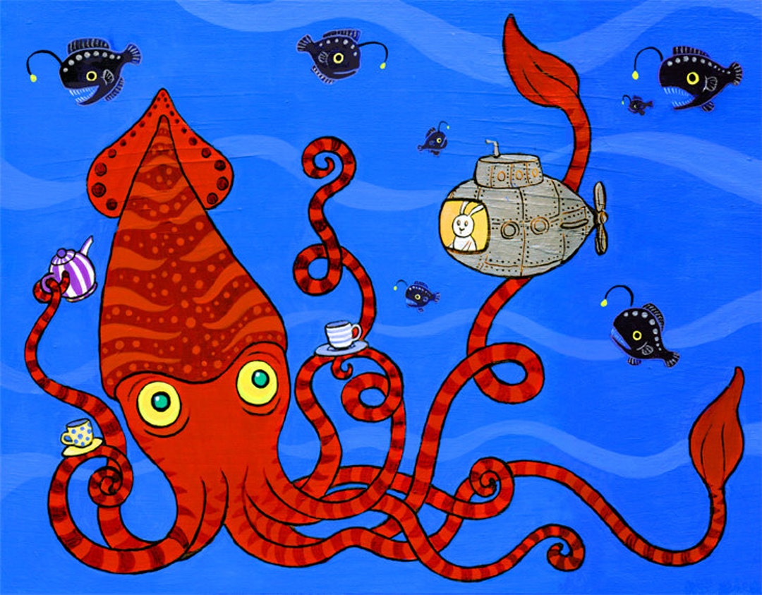 Giant Squid Bunny Submarine Art Print Deep Sea Tea 11" X 14" - Etsy