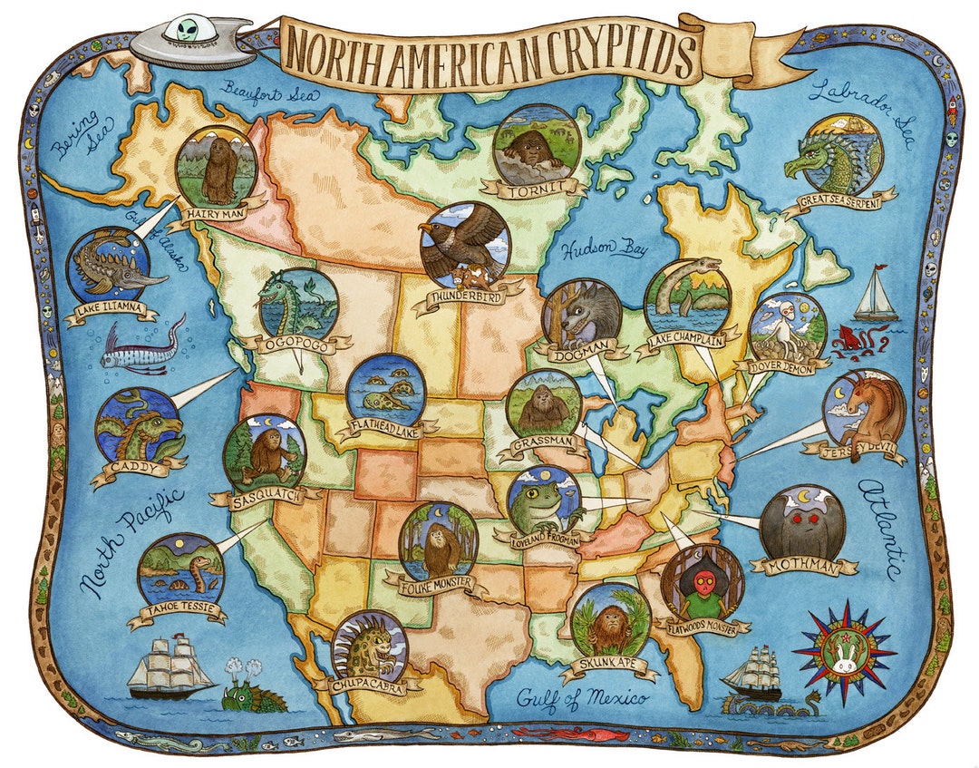 Cryptids of North America Map Art Print 11" X14" - Etsy