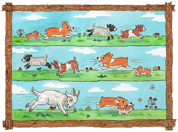 The Chase Goats and Corgis Art Print | Etsy