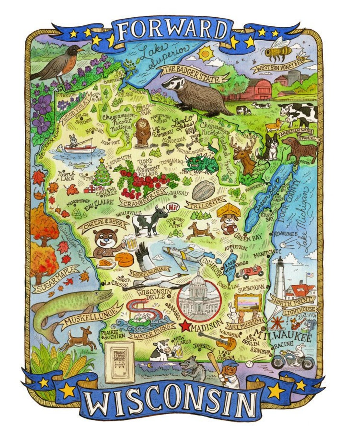 Wisconsin State Map Art Print 8 X 10 - Etsy