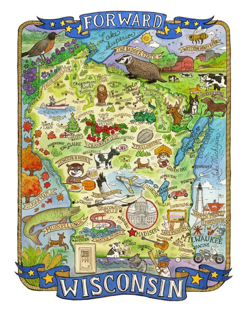 Wisconsin State Map Art Print 8" X 10" - Etsy