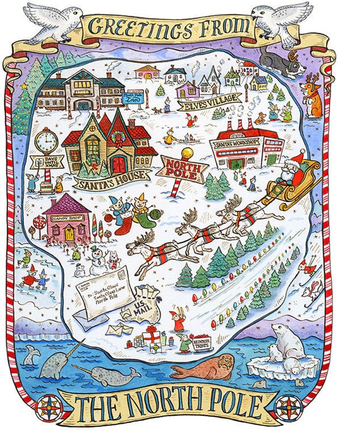 Christmas North Pole Map Art Print 11 X 14 - Etsy