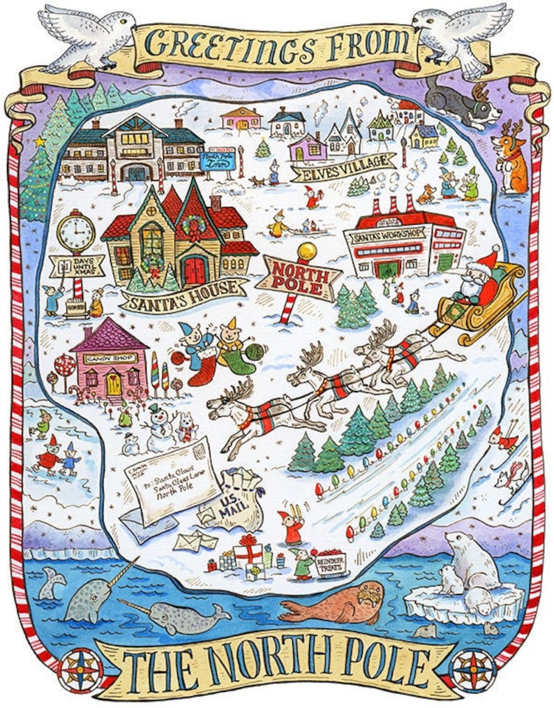 Christmas North Pole Map Art Print 11 X 14 - Etsy