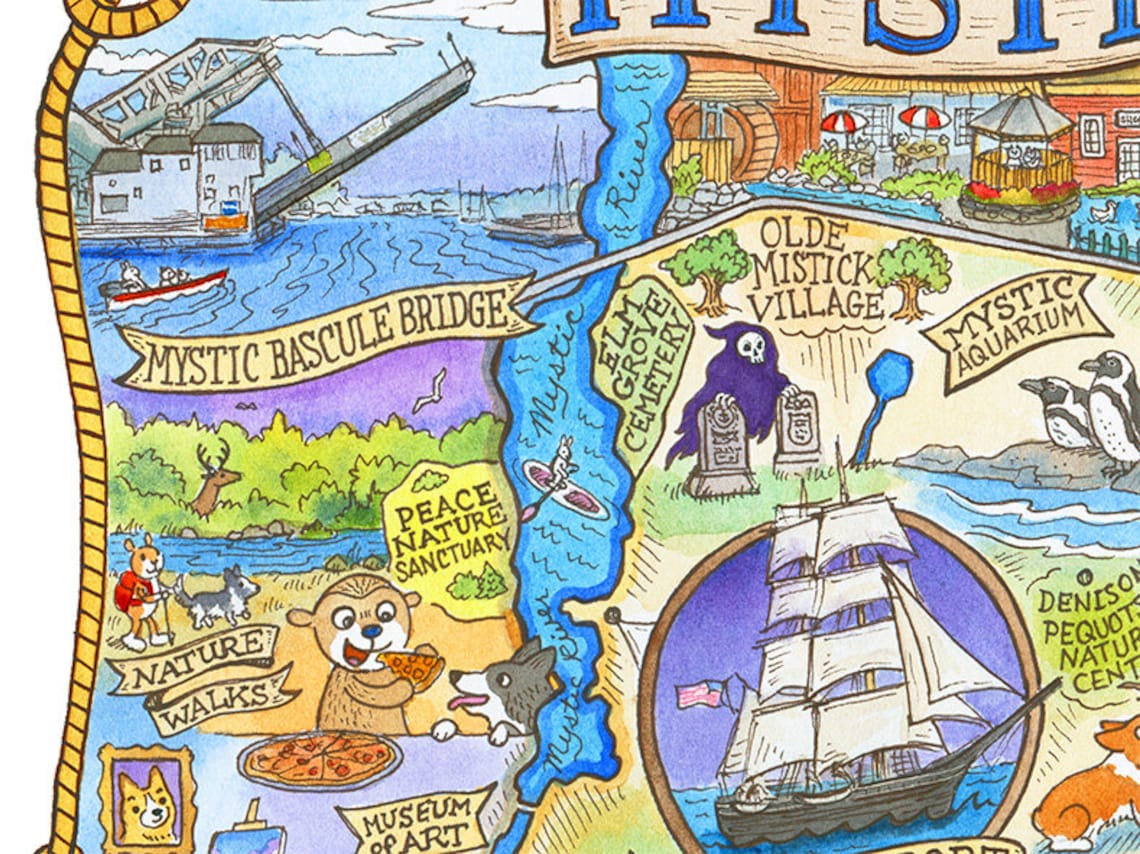 Mystic Connecticut Art Map Print 8x10 - Etsy
