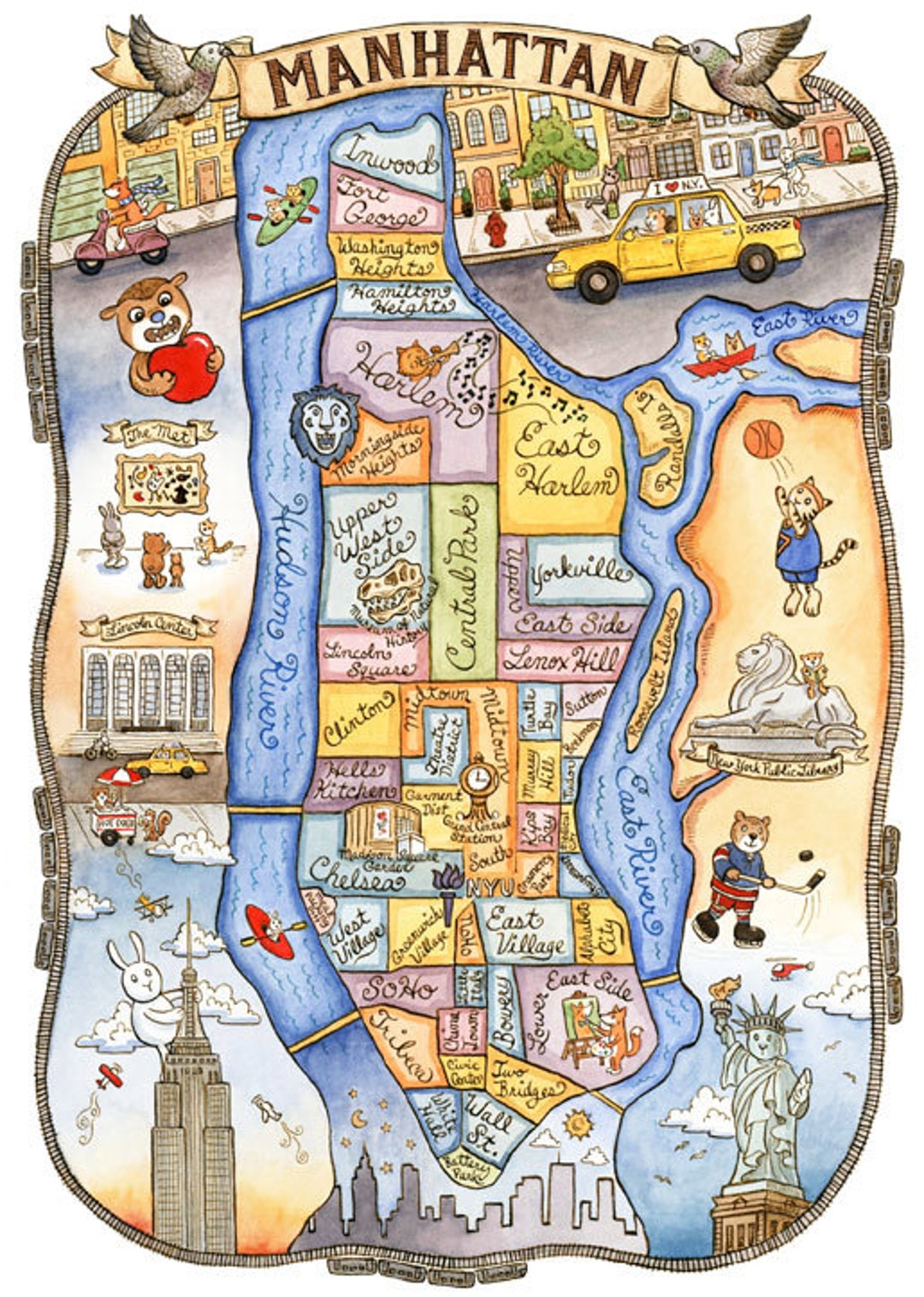 New York City Map Manhattan Art Print 11 X 14 - Etsy