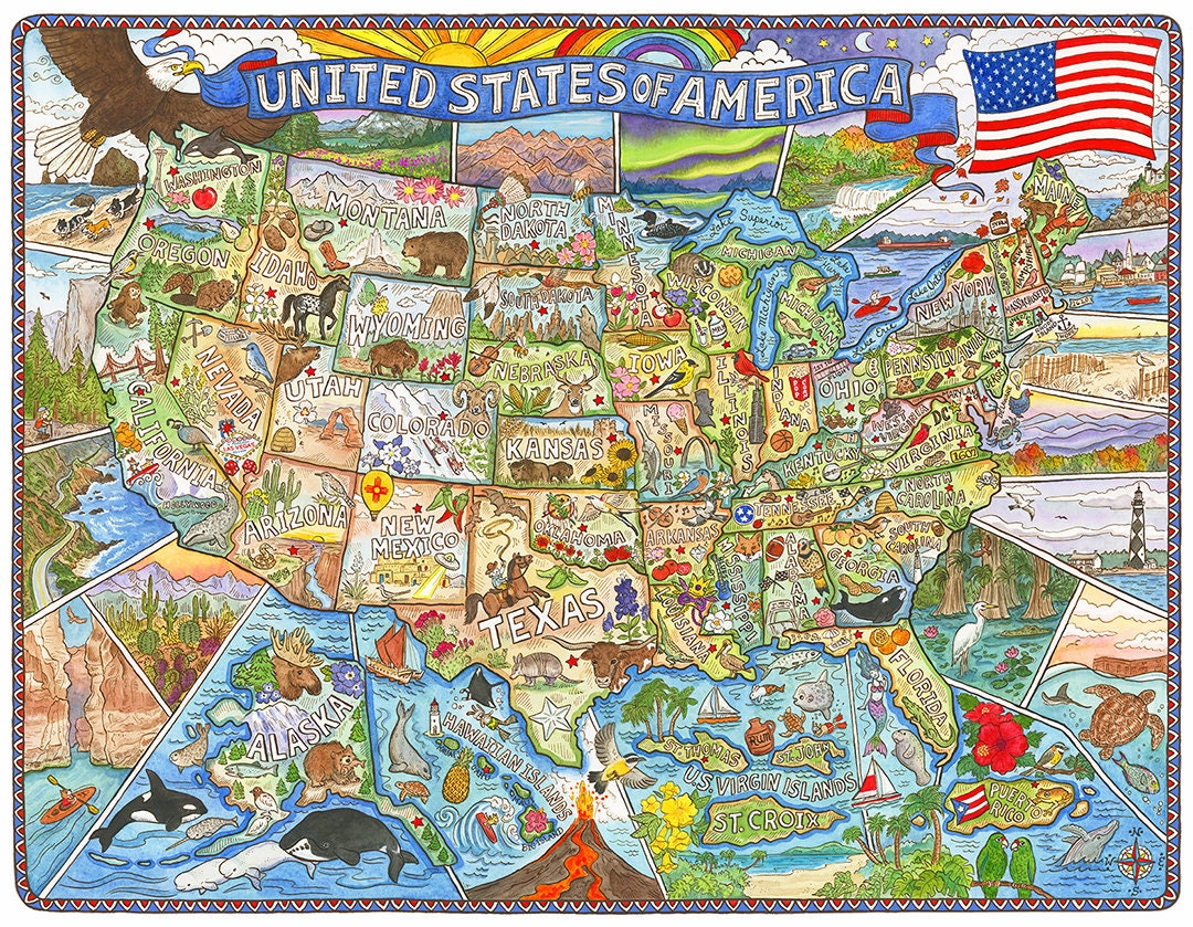 USA United States of America Map 16"x20" Art Print - Etsy