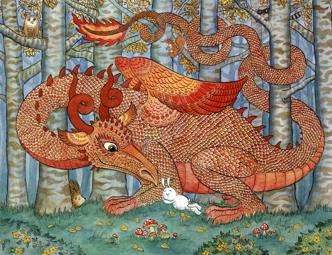 Red Dragon Rabbit Forest Woodland Art Print 16x20 Safe and Sound ...