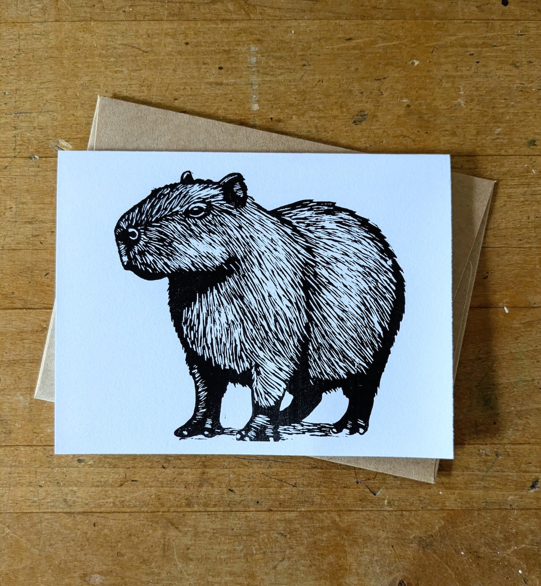 Capybara Linocut Note Card - Blank Folded Greeting Card With Envelope ...