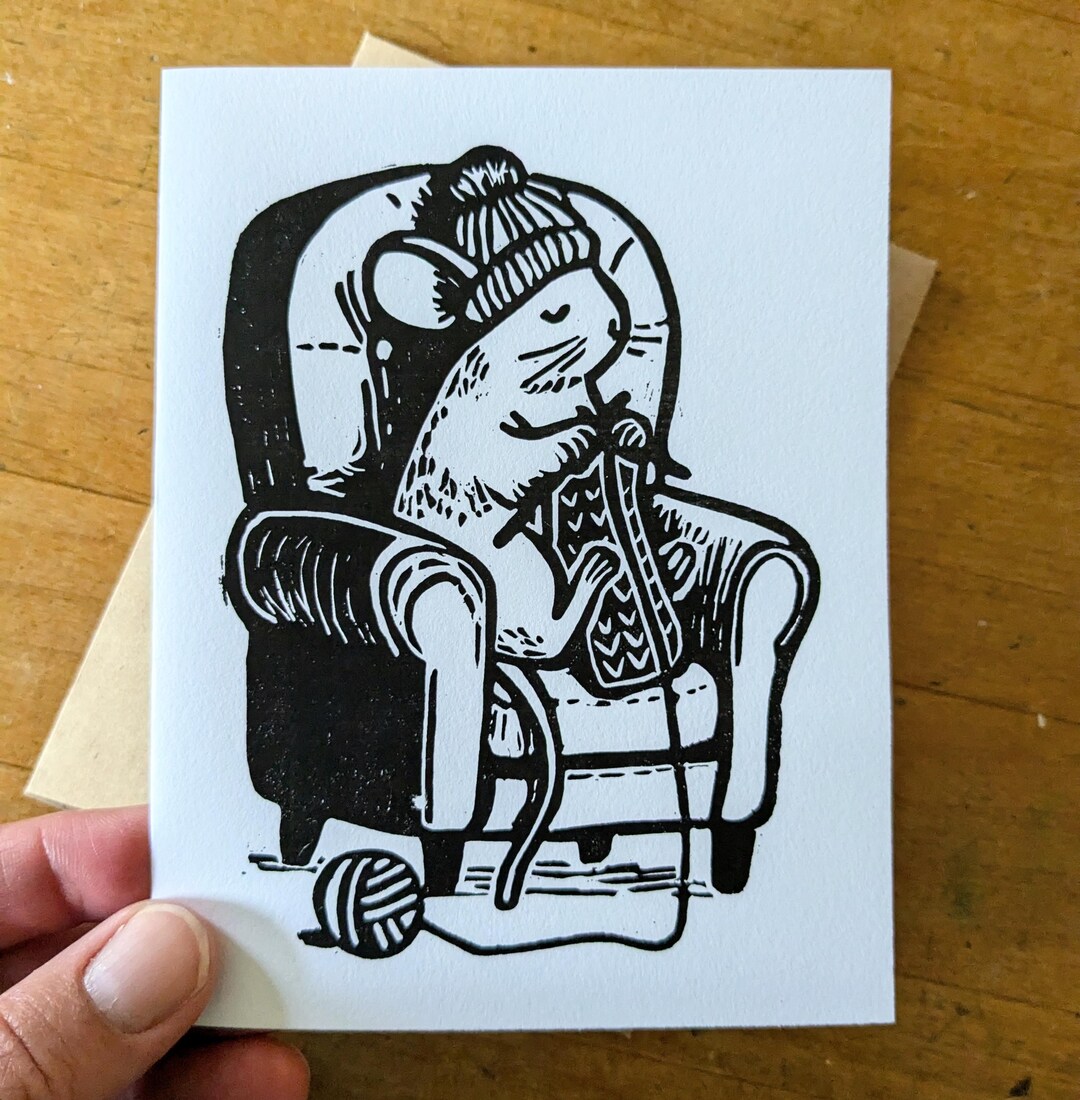 Knitting Mouse Linocut Note Card - Blank Folded Greeting Card With ...