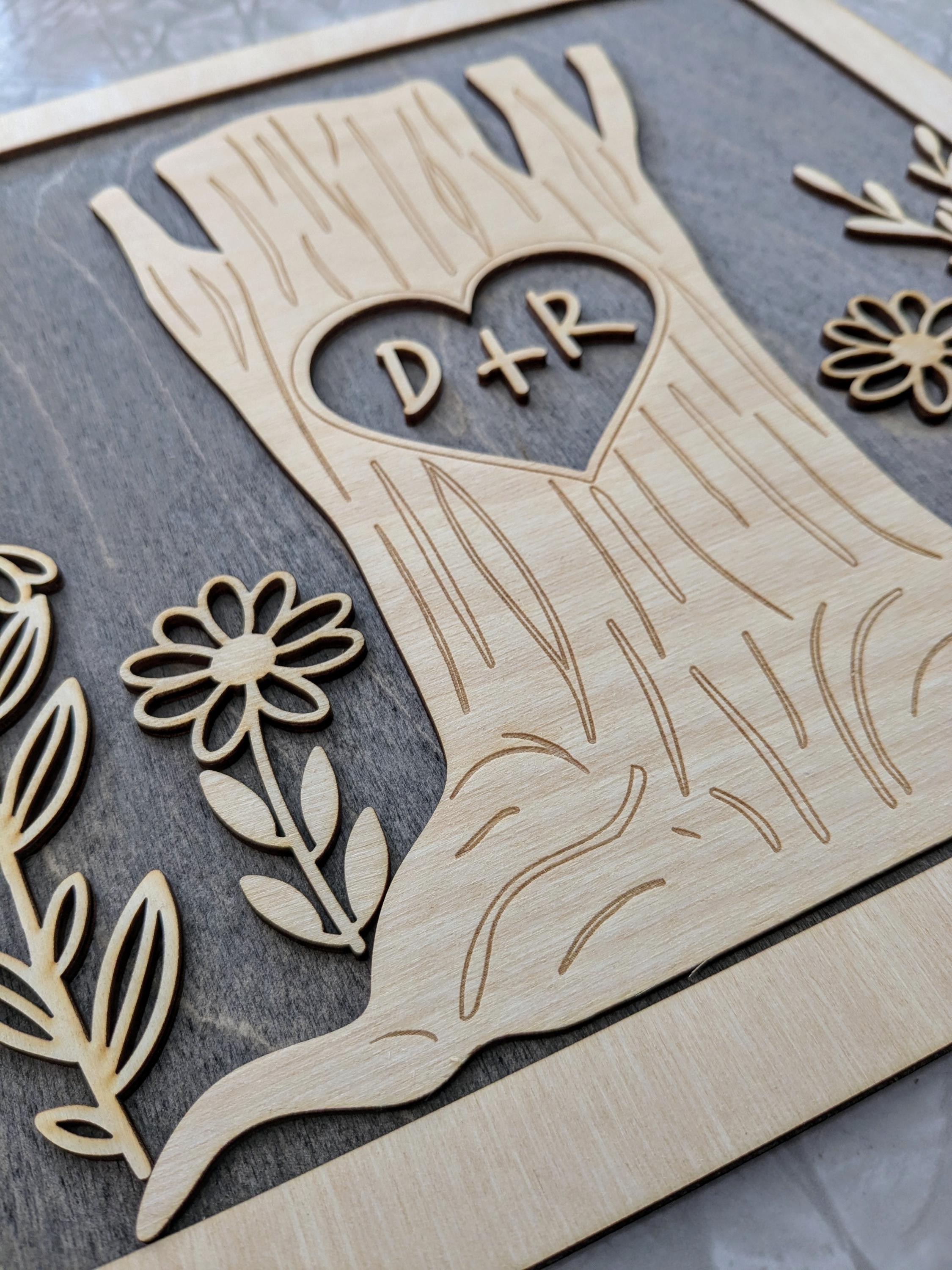 Initial Tree Wood Sign - Laser Cut Wood Sign With Heart and Initials ...