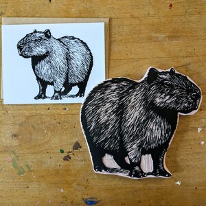 Capybara Linocut Note Card - Blank Folded Greeting Card With Envelope ...