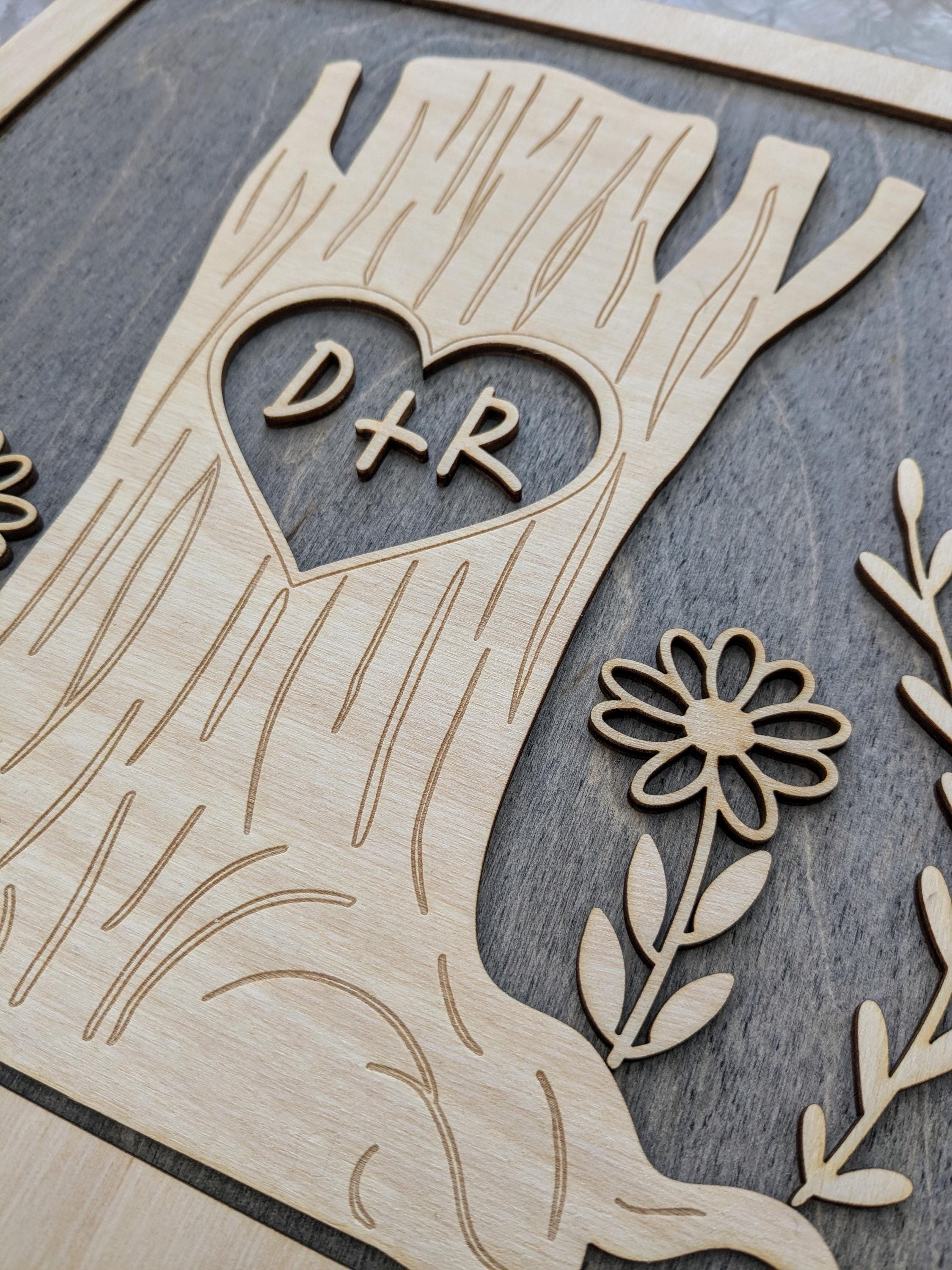 Initial Tree Wood Sign - Laser Cut Wood Sign With Heart and Initials ...
