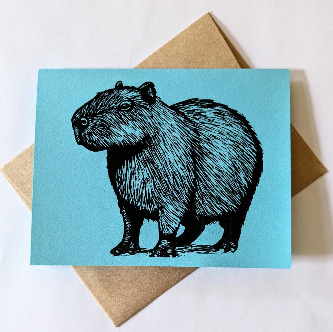 Capybara Linocut Note Card - Blank Folded Greeting Card With Envelope ...
