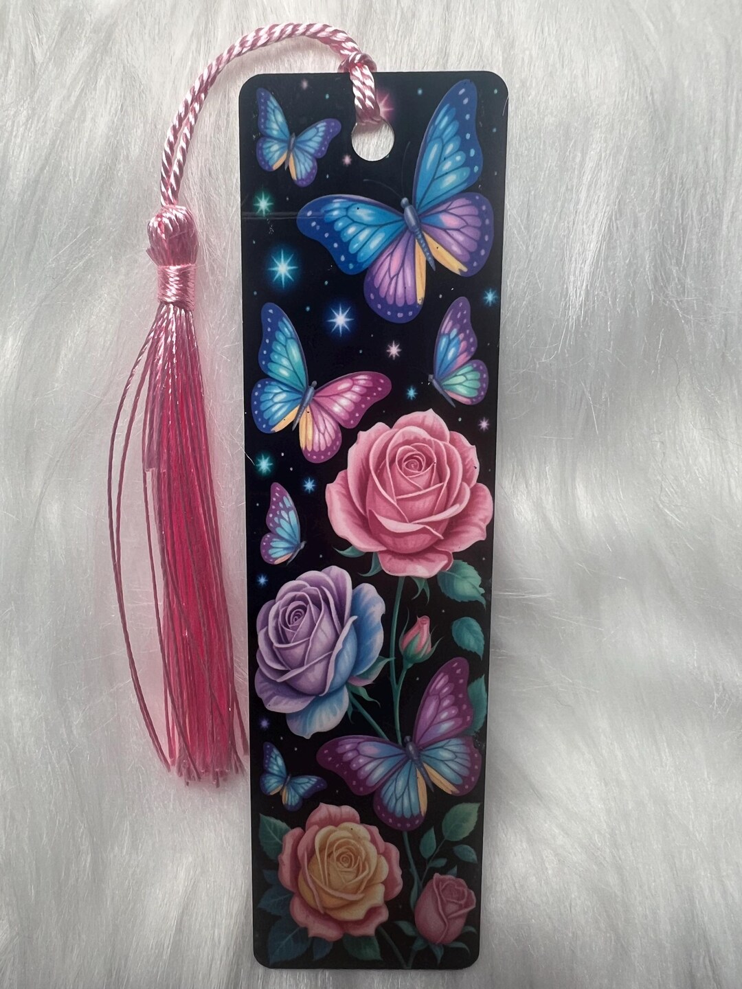 Bookmark SMALL Aluminum Double-sided / Butterfly Roses With Pink Tassel ...