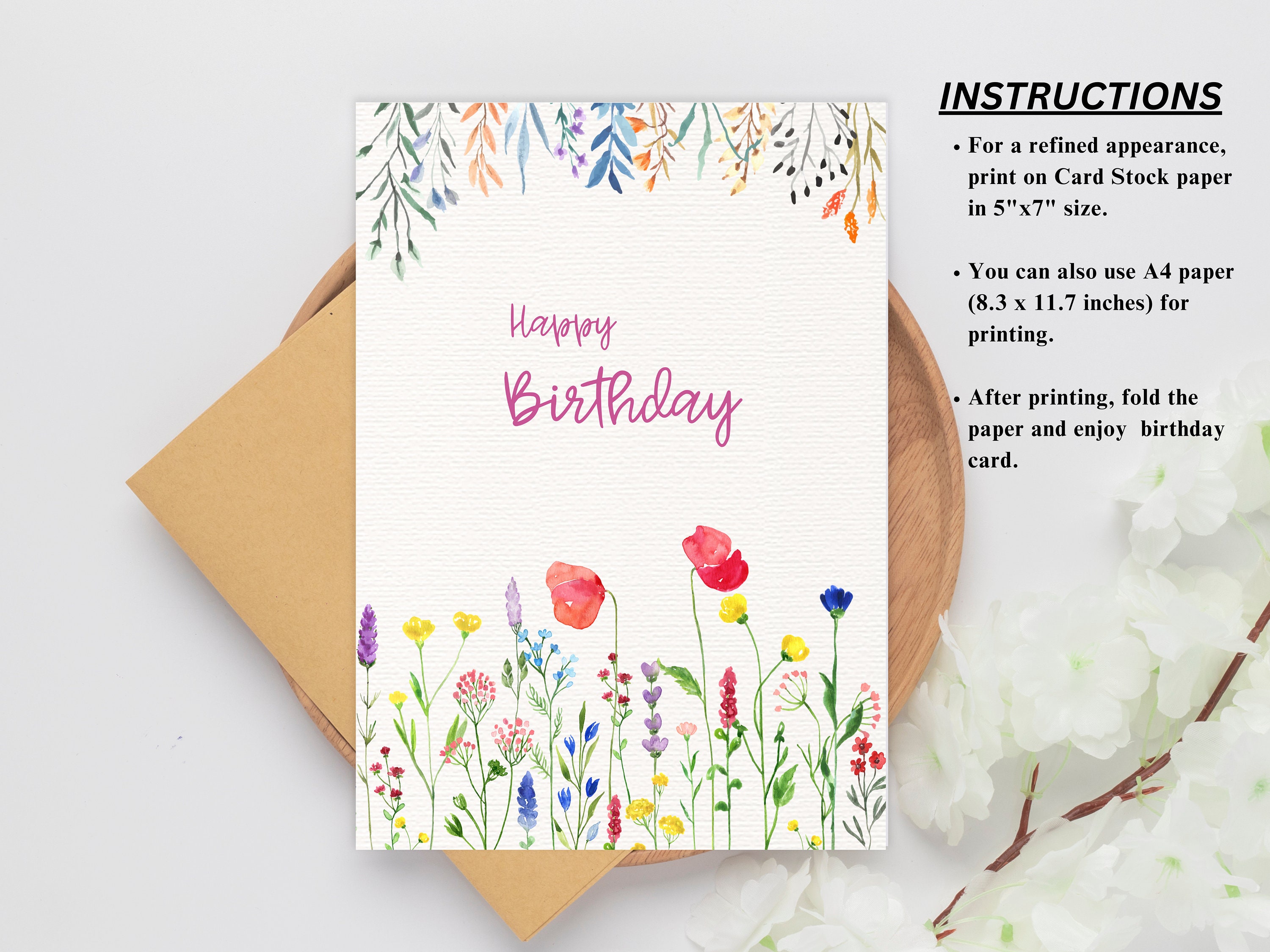 Printable Digital Birthday Card With Flowers, Floral Birthday Card ...