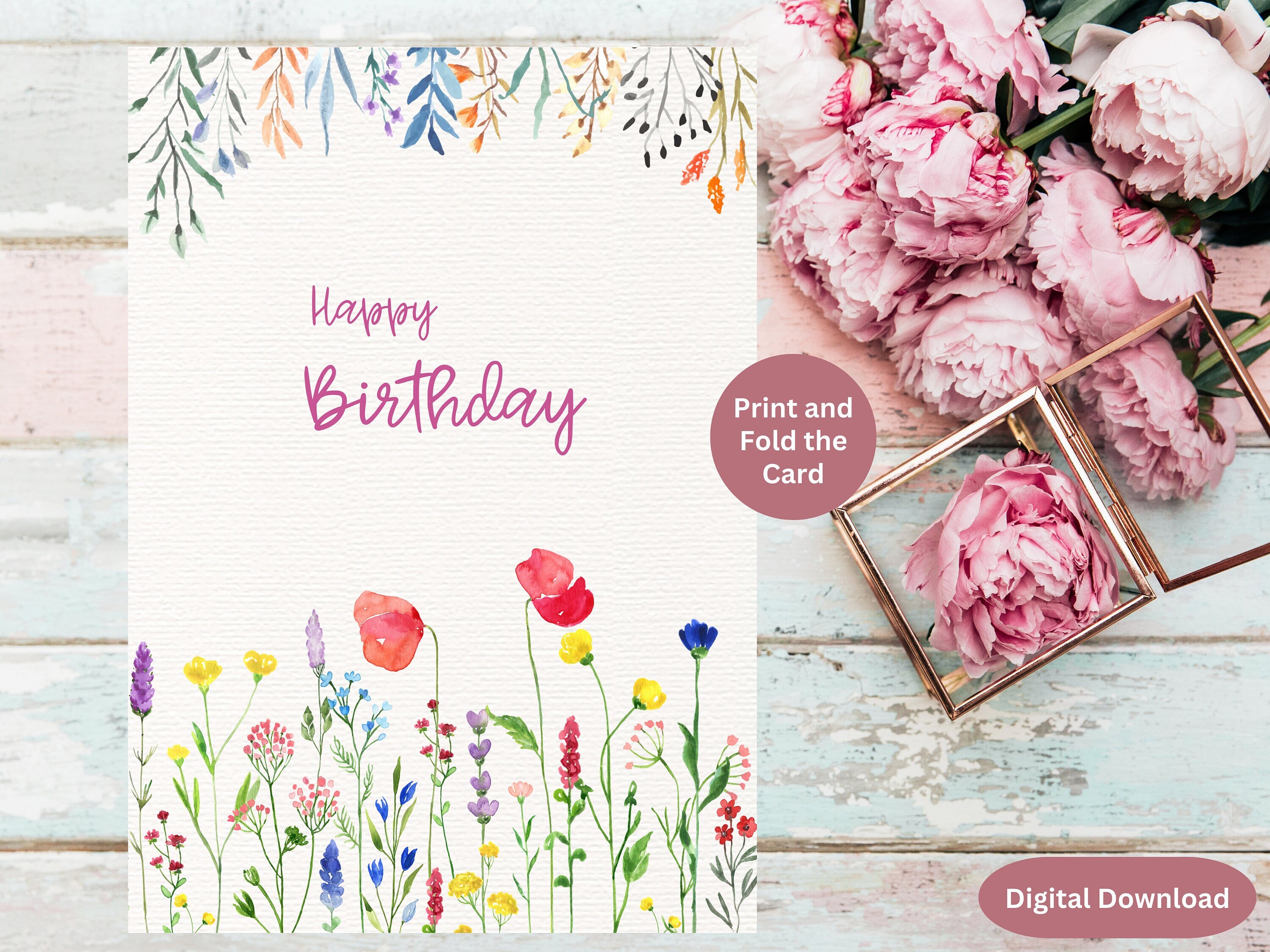 Printable Digital Birthday Card With Flowers, Floral Birthday Card ...