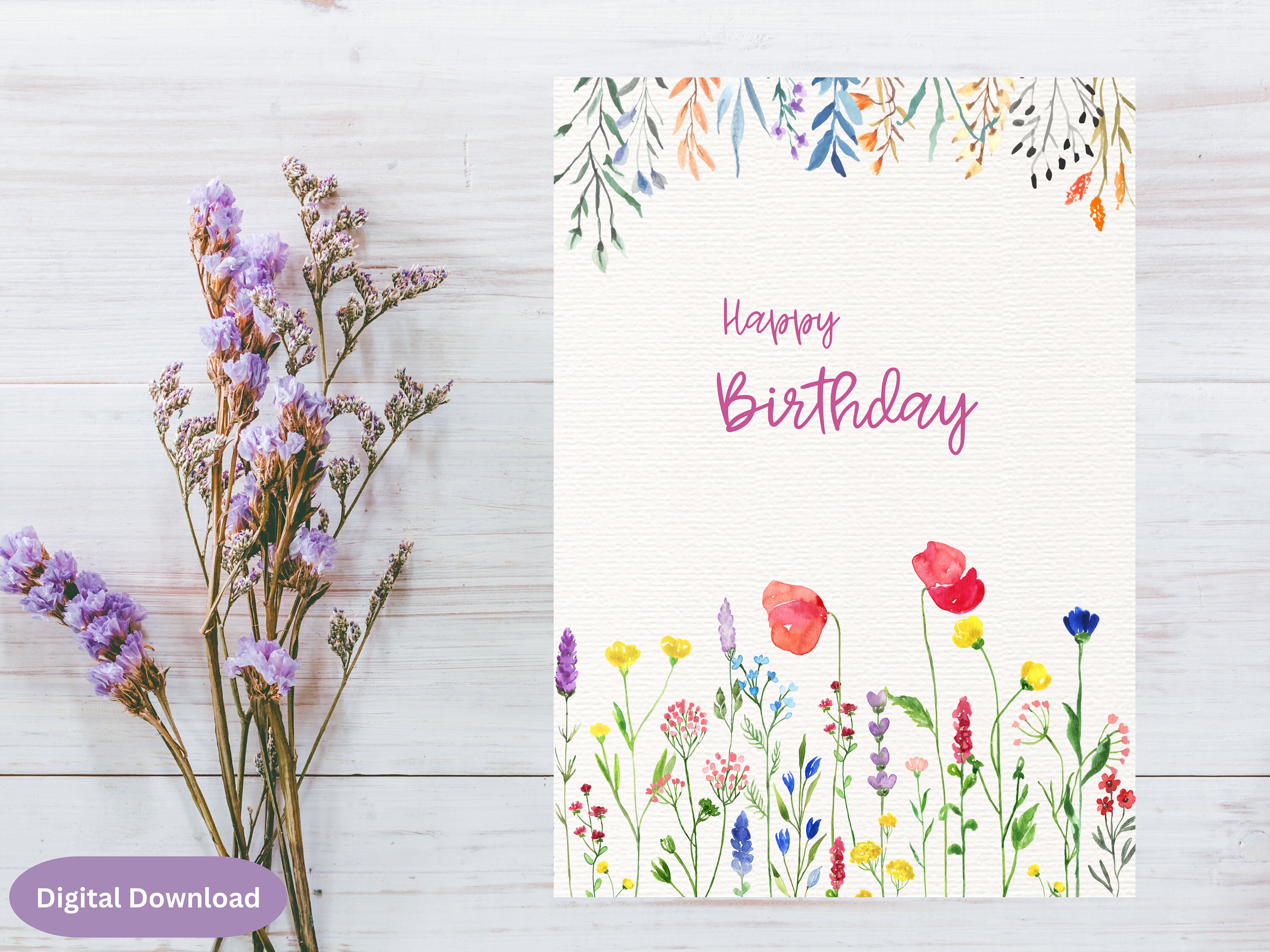 Printable Digital Birthday Card With Flowers, Floral Birthday Card ...