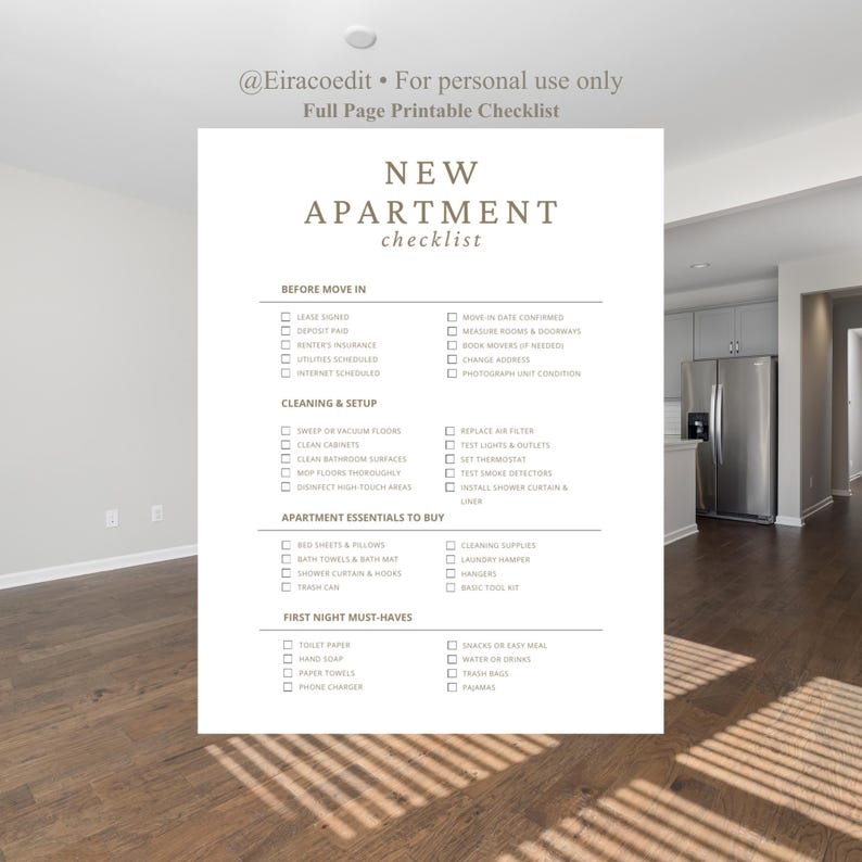 New Apartment Move-in Checklist | First Apartment Planner | Minimal ...
