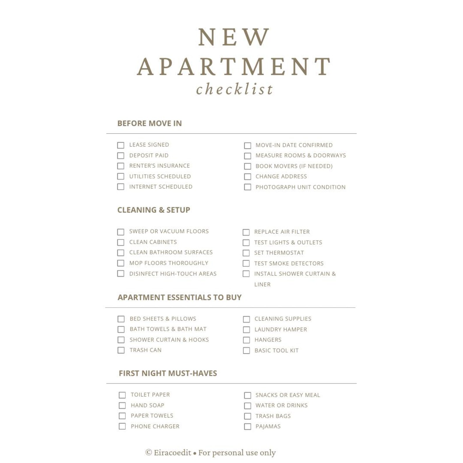 New Apartment Move-in Checklist | First Apartment Planner | Minimal ...