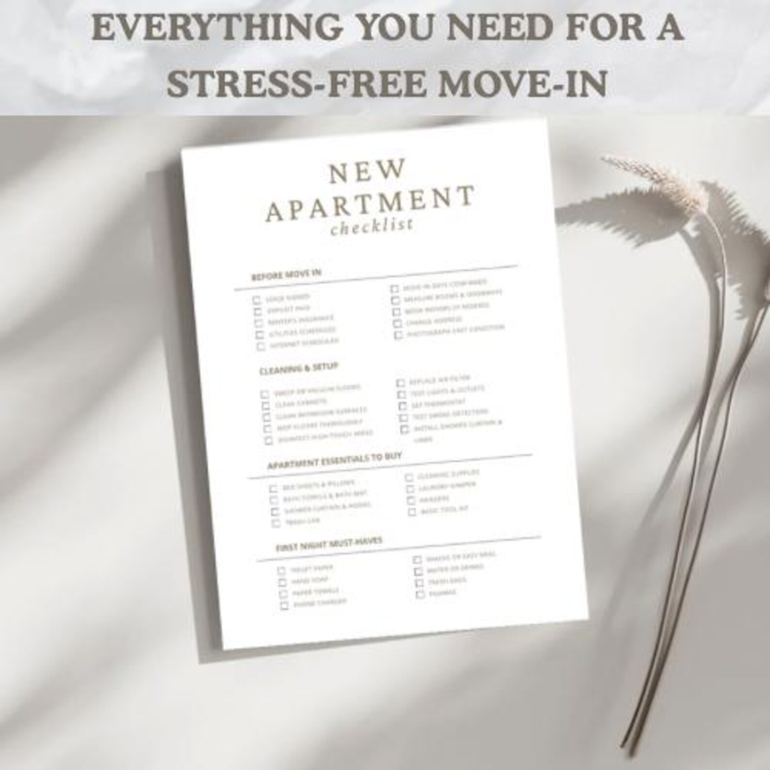 New Apartment Move-in Checklist | First Apartment Planner | Minimal ...