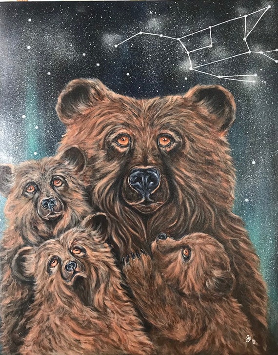 starry bear with cub Bear Original painting on Star Shaped Canvas Ursa ...