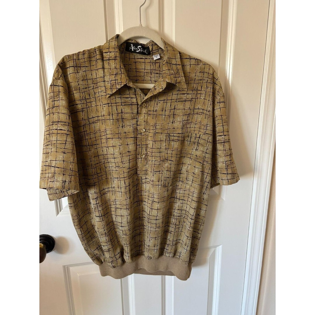 VINTAGE Alan Stuart Shirt Mens L Polo Brown Geo Abstract Banded Waist ...