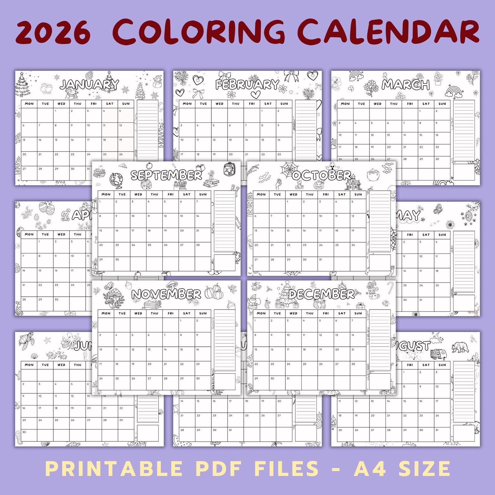 2025 Coloring Calendar 12 Monthly Calendar PDF Coloring Pages ...