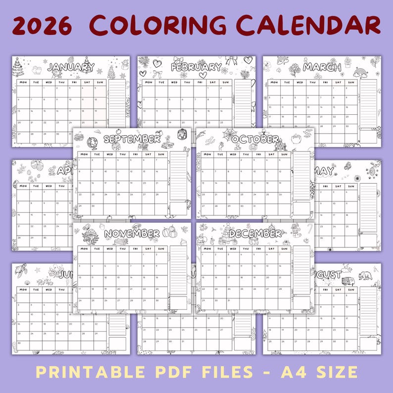 2026 Coloring Calendar Printable, A4 Size PDF, Kids Activity - Etsy UK