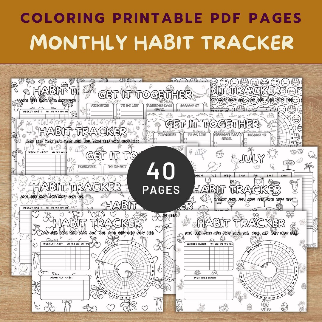 Printable Monthly Habit Tracker Coloring Pages Habit Tracking Templates ...