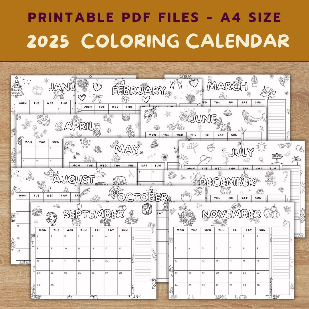 Calendario para colorear 2025 Calendario mensual de 12 páginas para colorear en PDF Fondo ...