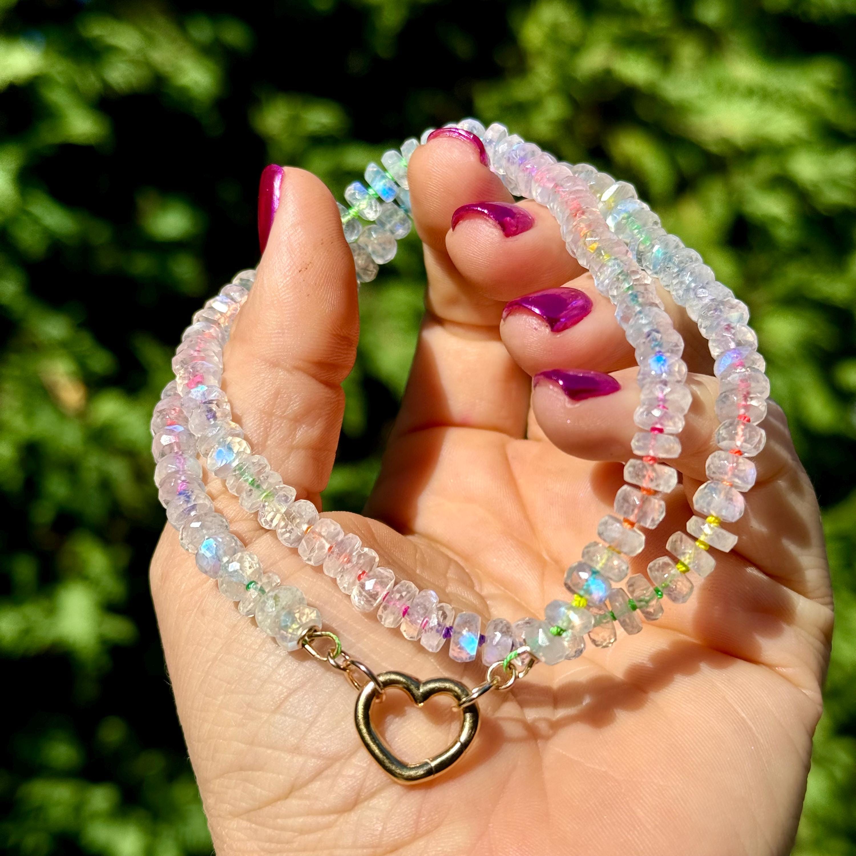Rainbow Moonstone Necklace, 20" Necklace, Heart Clasp Necklace, Heart ...