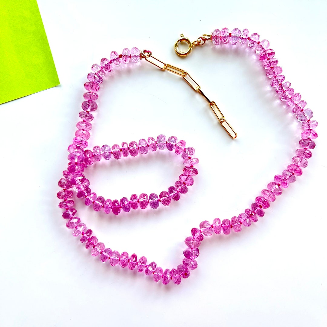Pink Topaz Necklace, 16 18 Hot Pink Gemstone Necklace, Knotted Gemstone ...