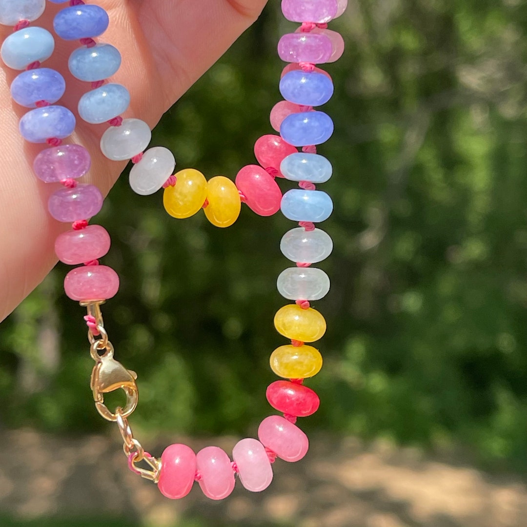 Pastel Rainbow Gemstone Necklace, Gem Candy Jewelry, Knotted Rainbow ...