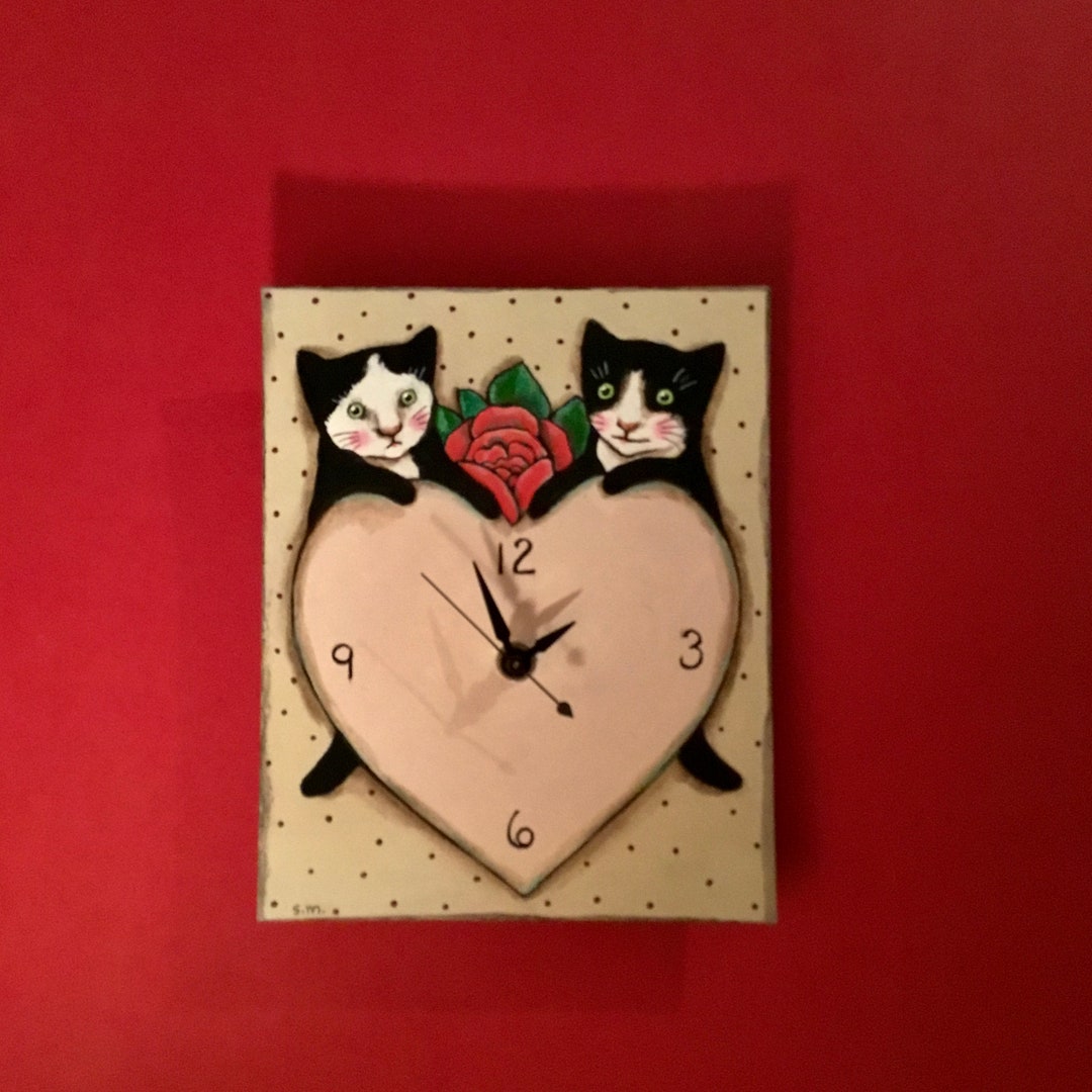 Tuxedo Cat Art Clock Illustrated Wall Art, Sandy Mastroni, Two Cats ...