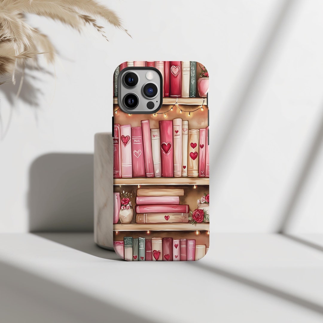 Bookish Valentines Day Bookshelf Phone Case, Cute Romantic Library ...