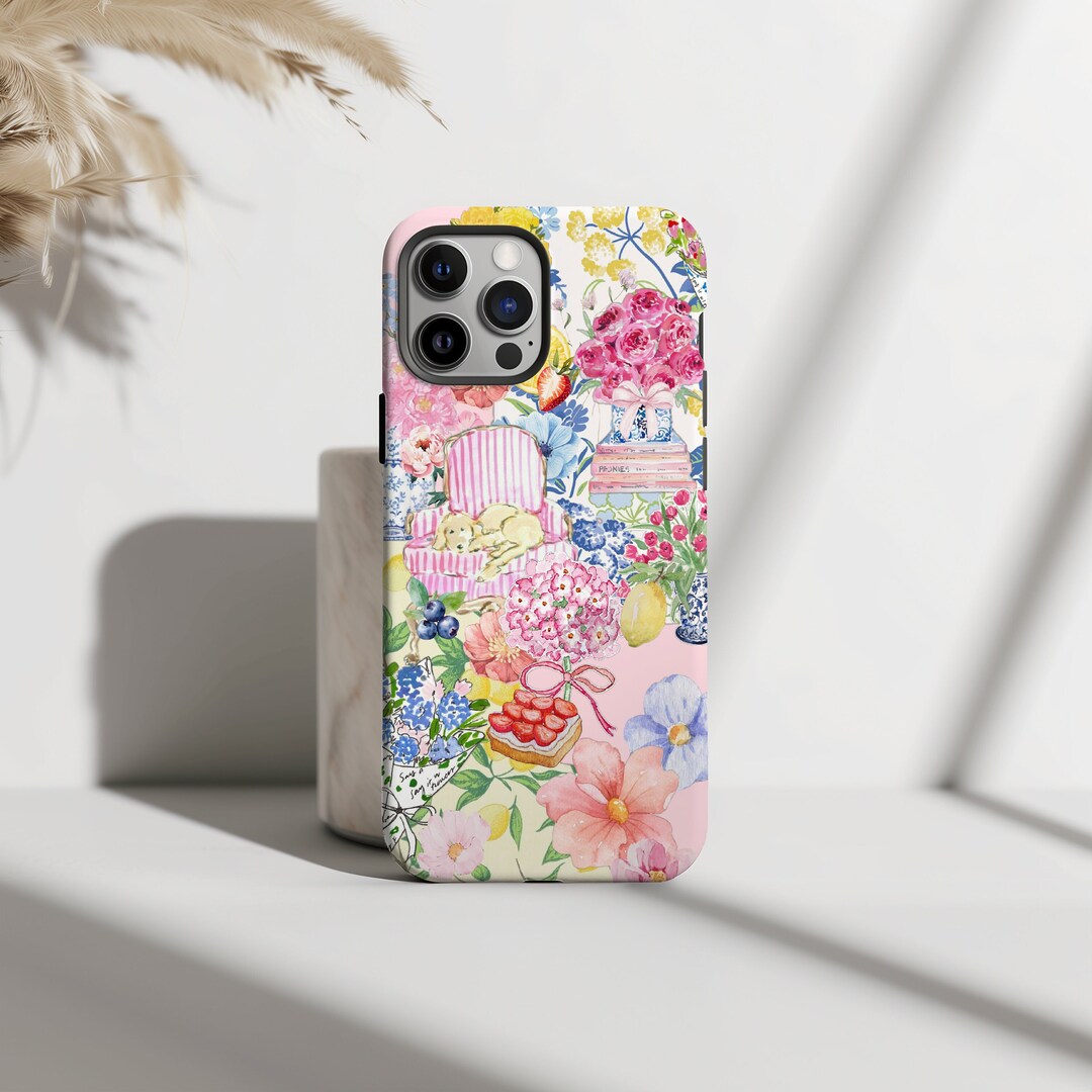 Watercolor Collage Phone Case - Spring Flowers and Puppy Design - Etsy
