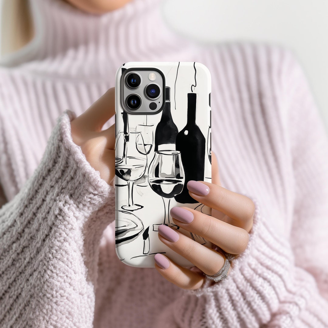 Minimalist Wine Bottles Phone Case, Dinner Art Illustration, iPhone 16 15 14 13 12 11 Pro Max 8 ...