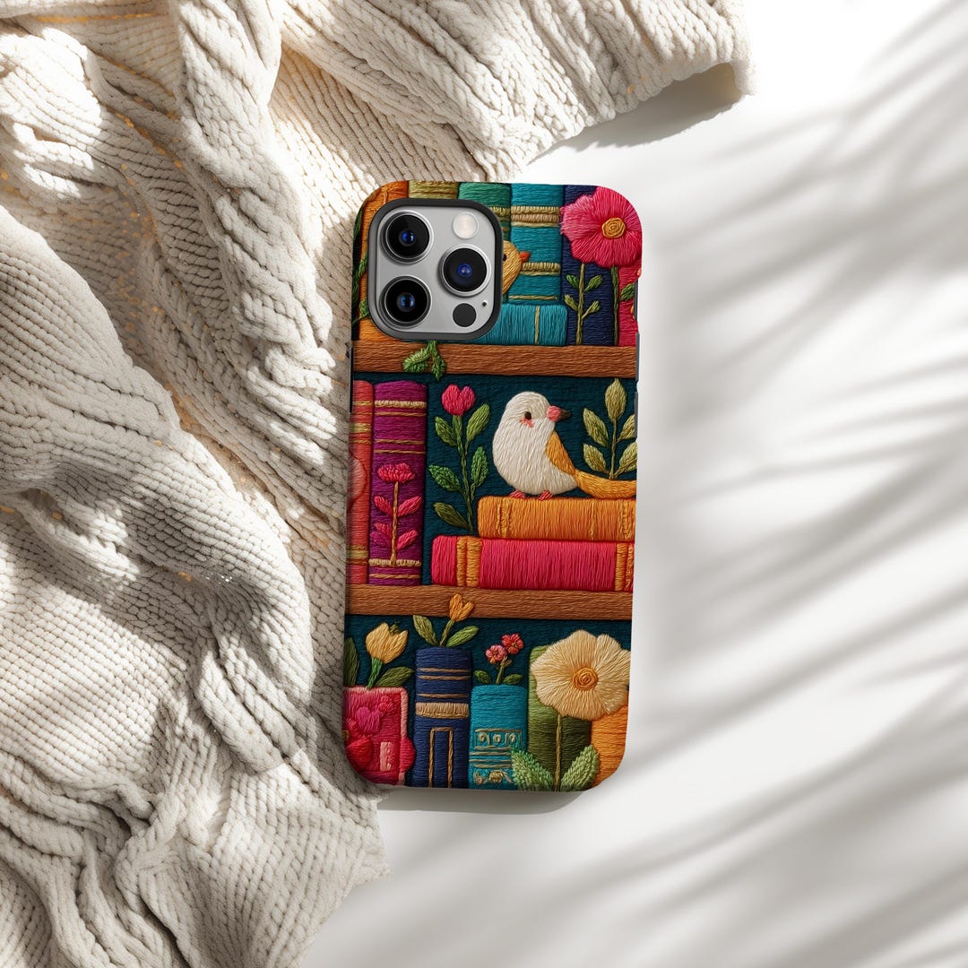 Faux Embroidered Bookshelf Birds & Flowers Phone Case, iPhone 16 15 14 ...