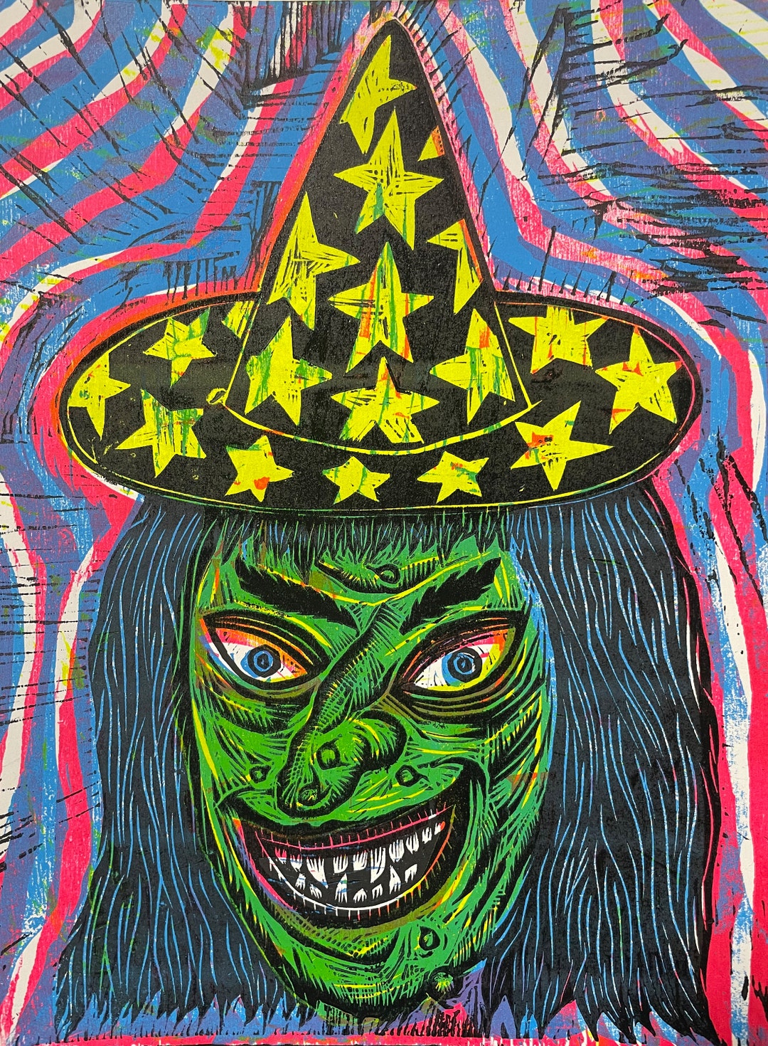 Witch Editioned Multi Color Woodcut Handpulled Print - Etsy