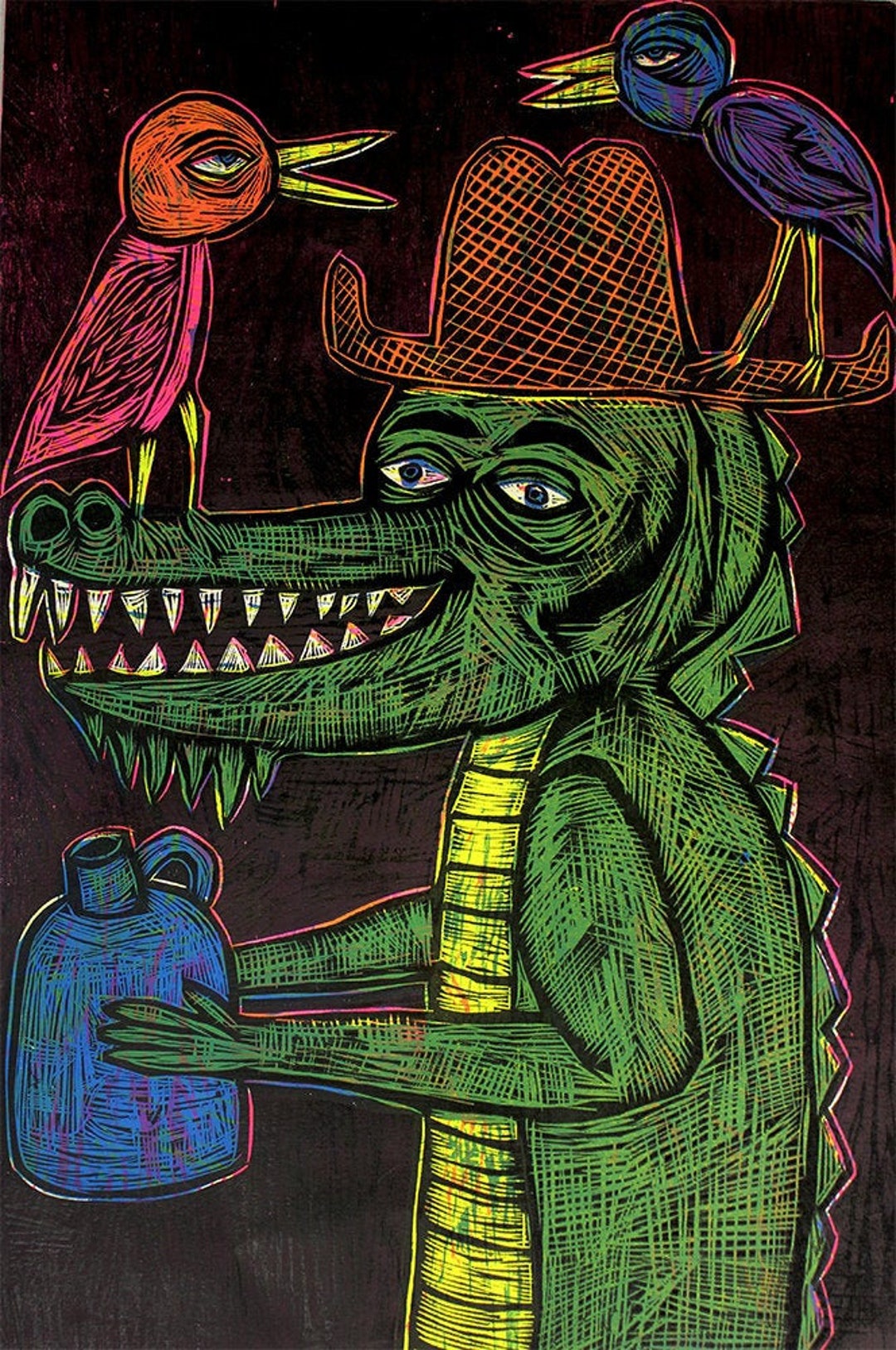 Country Croc Multi Block Woodcut Handpulled Print - Etsy