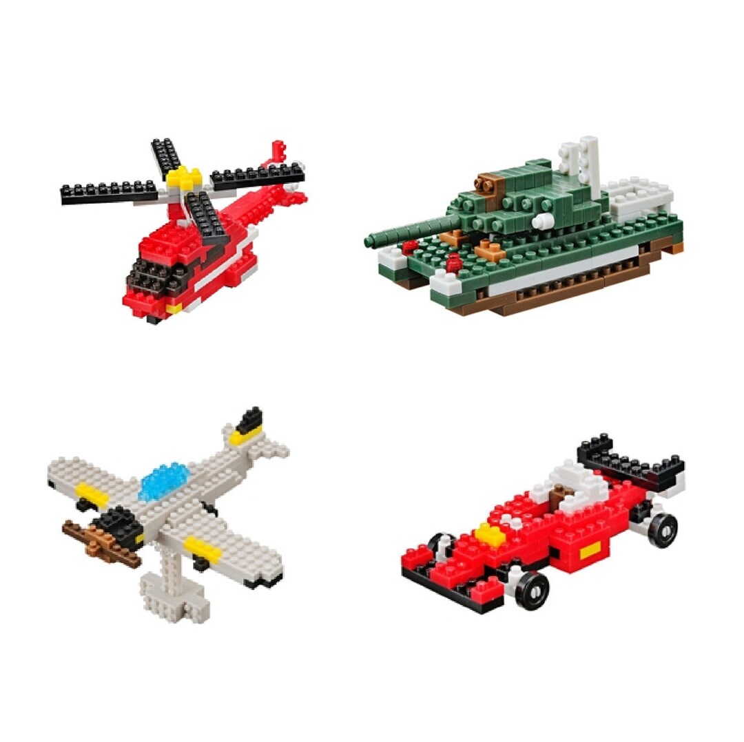 Petit Blocks – Set of 4 Kits - Helicopter, Airplane, Tank, and Race Car ...