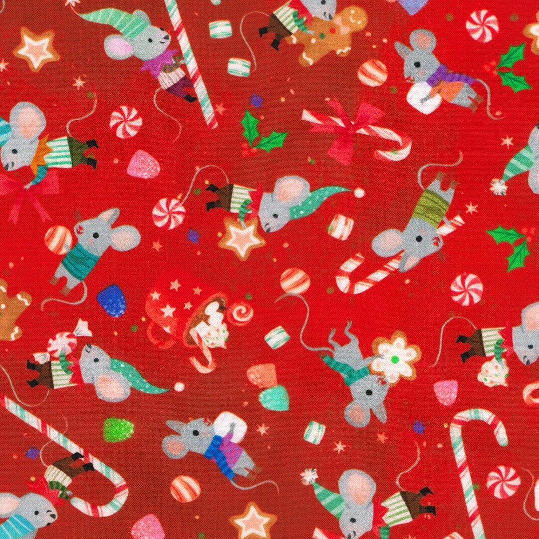 Jingle Pals, Candy Canes and Mice on Red- Robert Kaufman, 100% Cotton ...