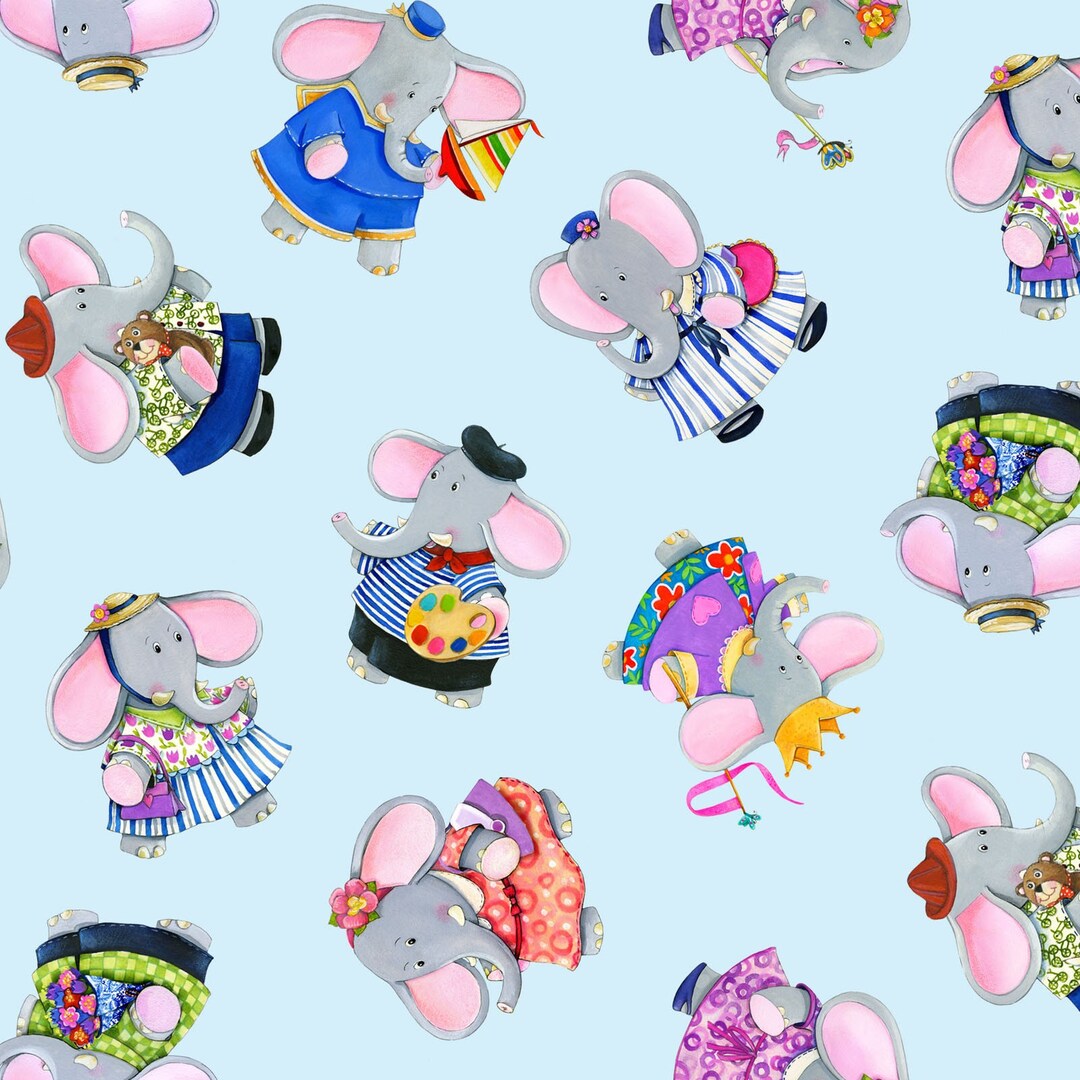Elephant Friends by Elizabeth Studios - Tossed Elephants in Blue ...