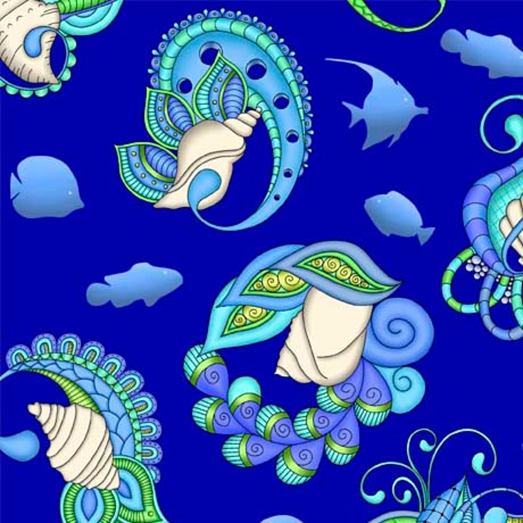 Seashell Mystique - Spaced Shell Paisley on Royal Blue -quilting ...