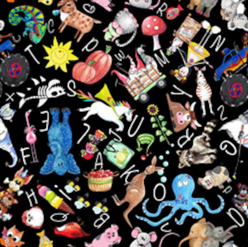 Alphabet Soup character Toss on Black by Quilting | Etsy