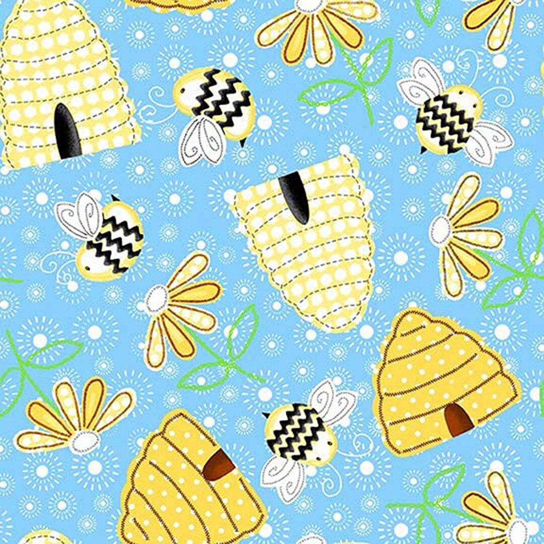 Comfy Flannel Prints - Bee Hives and Flowers on Blue 100% Cotton ...
