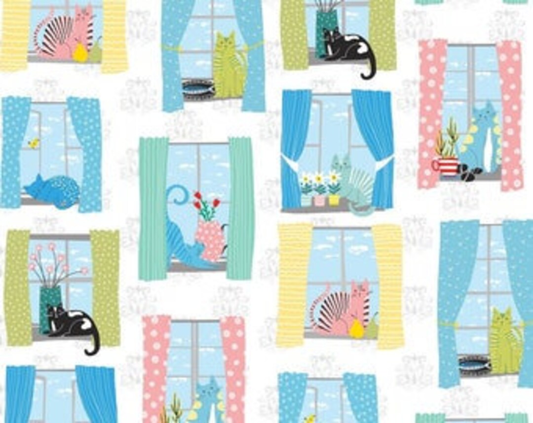 Whiskers, "cats in Windows" on White by Quilting Treasures, LAST 39 ...