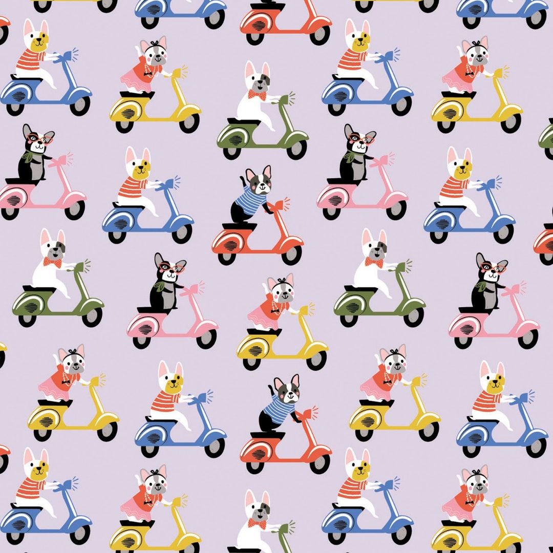 From Camelot Fabrics, Pawsomely Posh on Light Purple Dogs on Scooters COTTON FLANNEL - Etsy