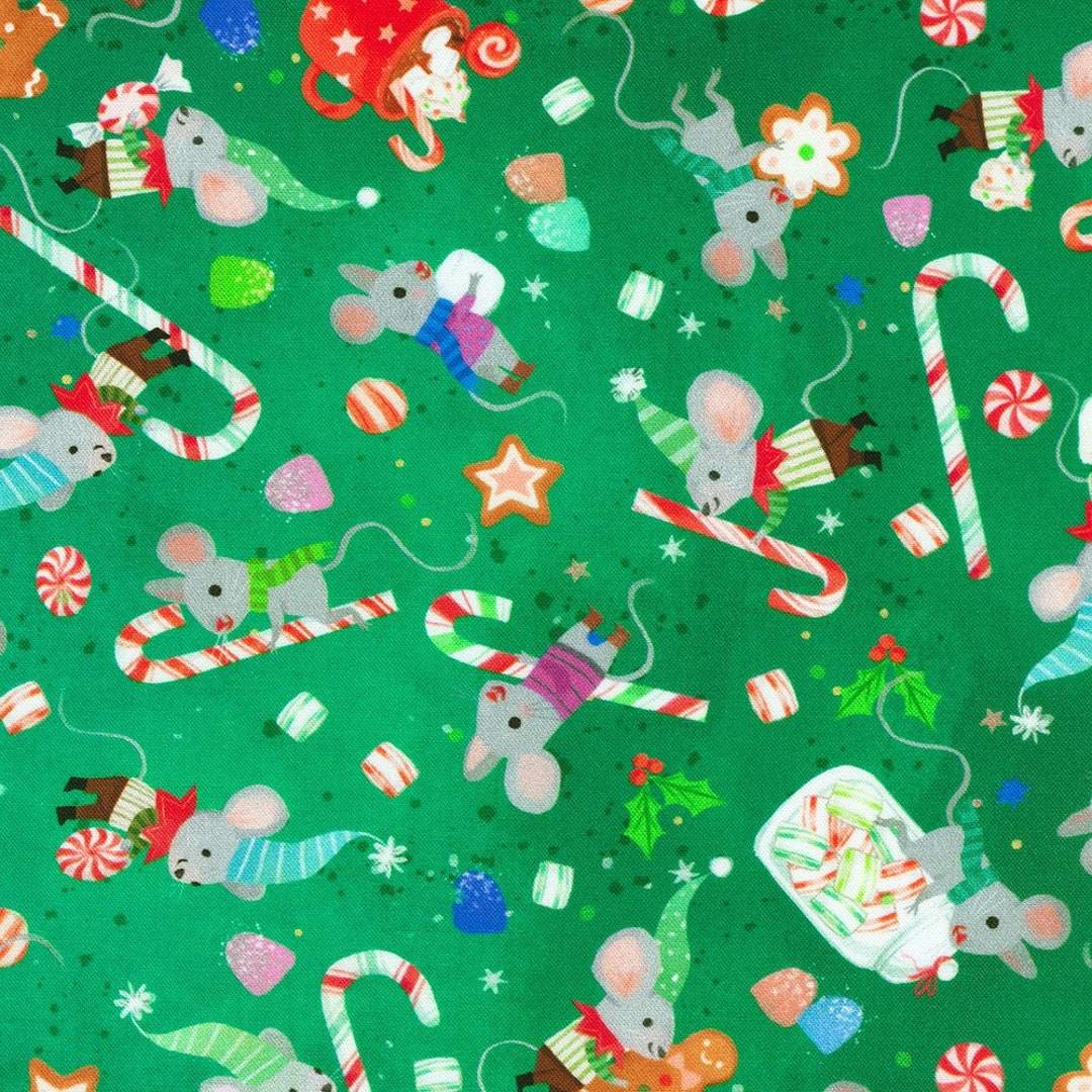 Jingle Pals, Candy Canes and Mice on Green- Robert Kaufman, 100% Cotton ...