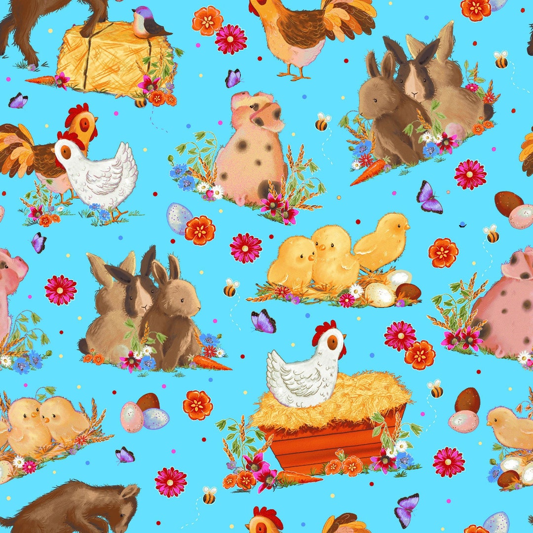 Happy Valley Farm, Farm Animals on Blue, Bunnies, Pigs, Chicks, LAST 50 ...